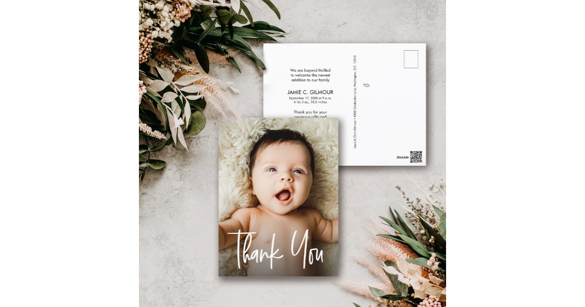 Modern Photo Baby Thank you Birth announcement Postcard | Zazzle