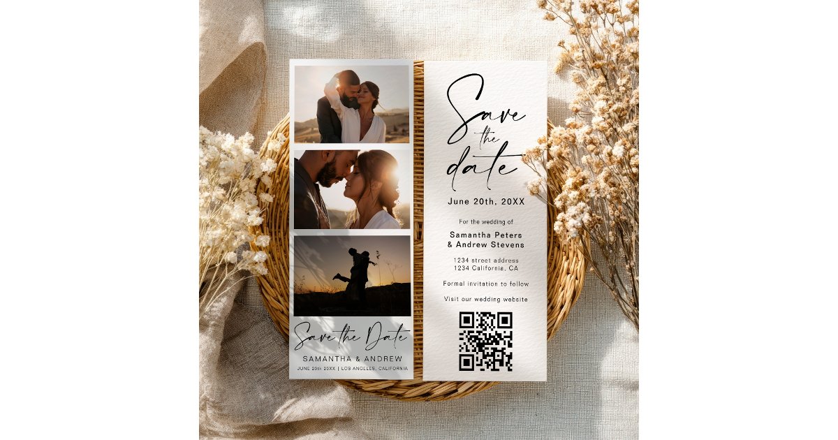 Modern Photo Booth 3-Photo Qr code Save The Date | Zazzle