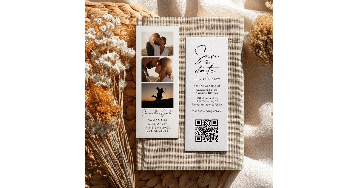 Modern Photo Booth 3-Photo Qr code Save The Date Bookmarks | Zazzle