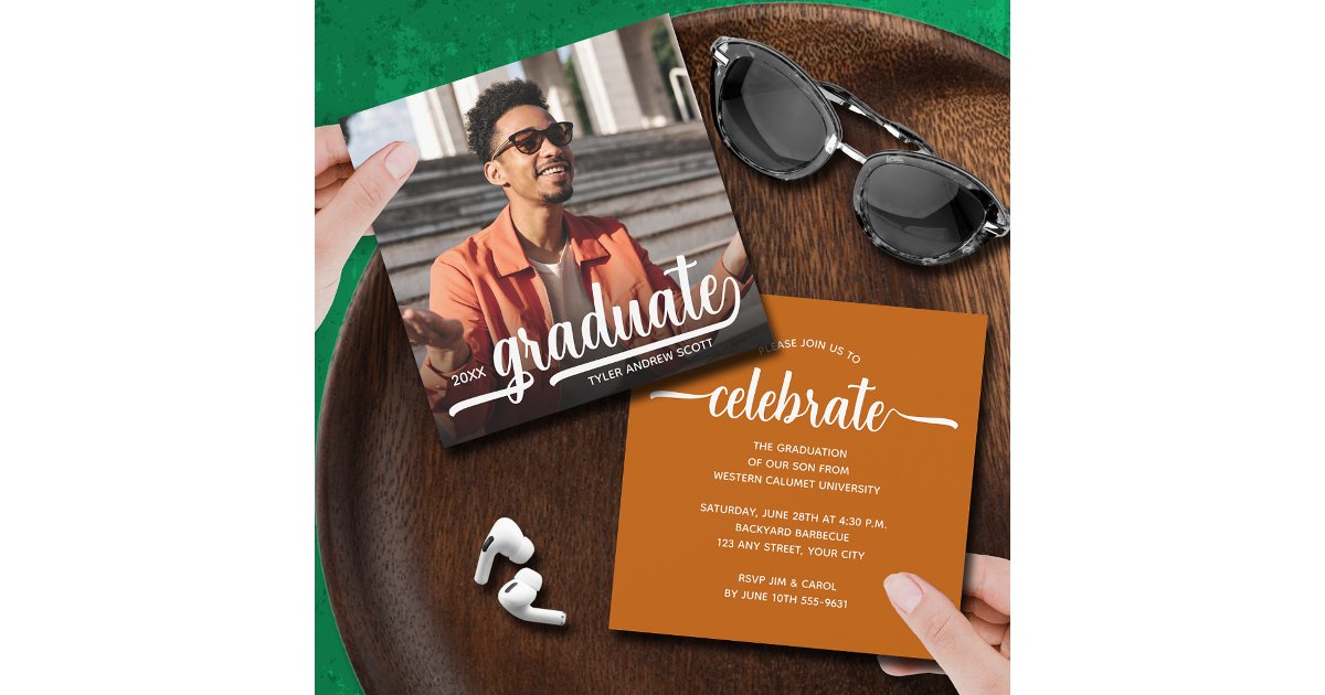 Modern Photo Burnt Orange Graduation Invitation | Zazzle