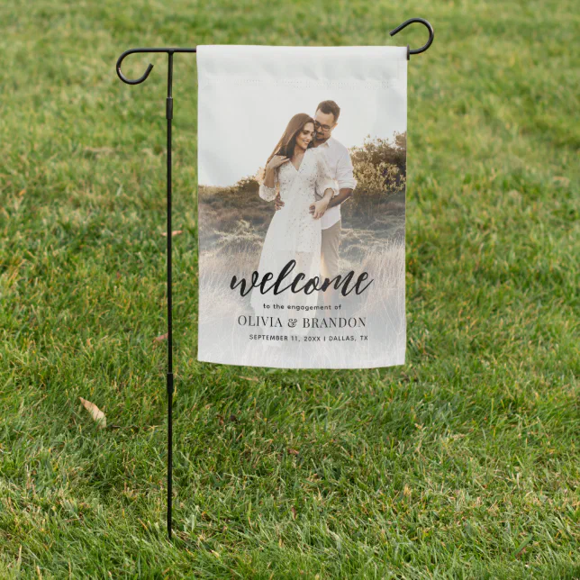Modern Photo Calligraphy Engagement Party Welcome Garden Flag | Zazzle