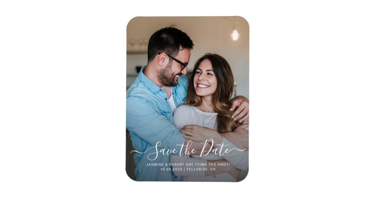 Modern Photo Calligraphy Wedding Save the Date Magnet | Zazzle