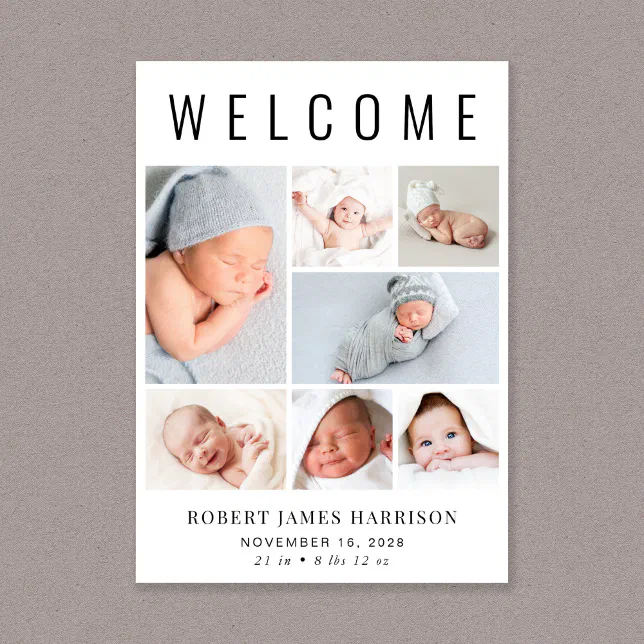 Modern Photo Collage Birth Announcement | Zazzle