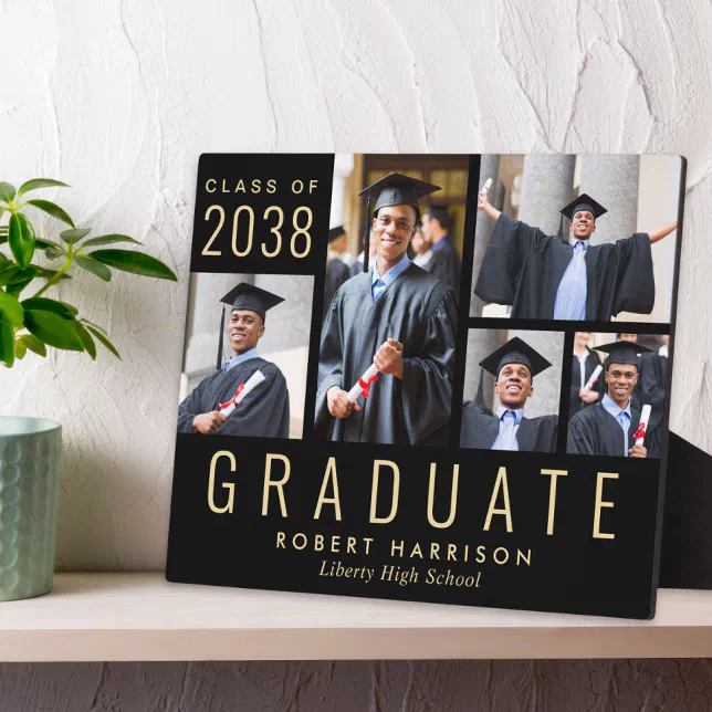 Modern Photo Collage Black Gold Graduation Plaque | Zazzle