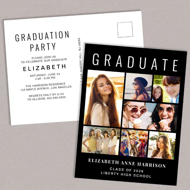 Modern Photo Collage Black Graduation Party Invitation Postcard | Zazzle