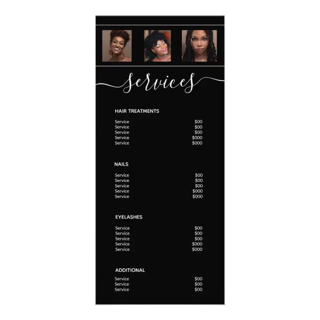 Modern Photo Collage Black Spa Salon Service Menu | Zazzle