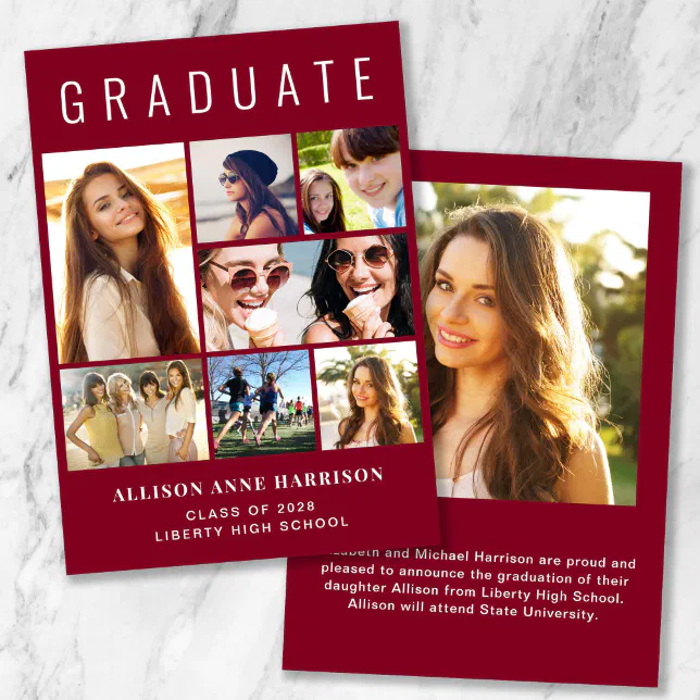 Modern Photo Collage Burgundy Graduation Announcement | Zazzle