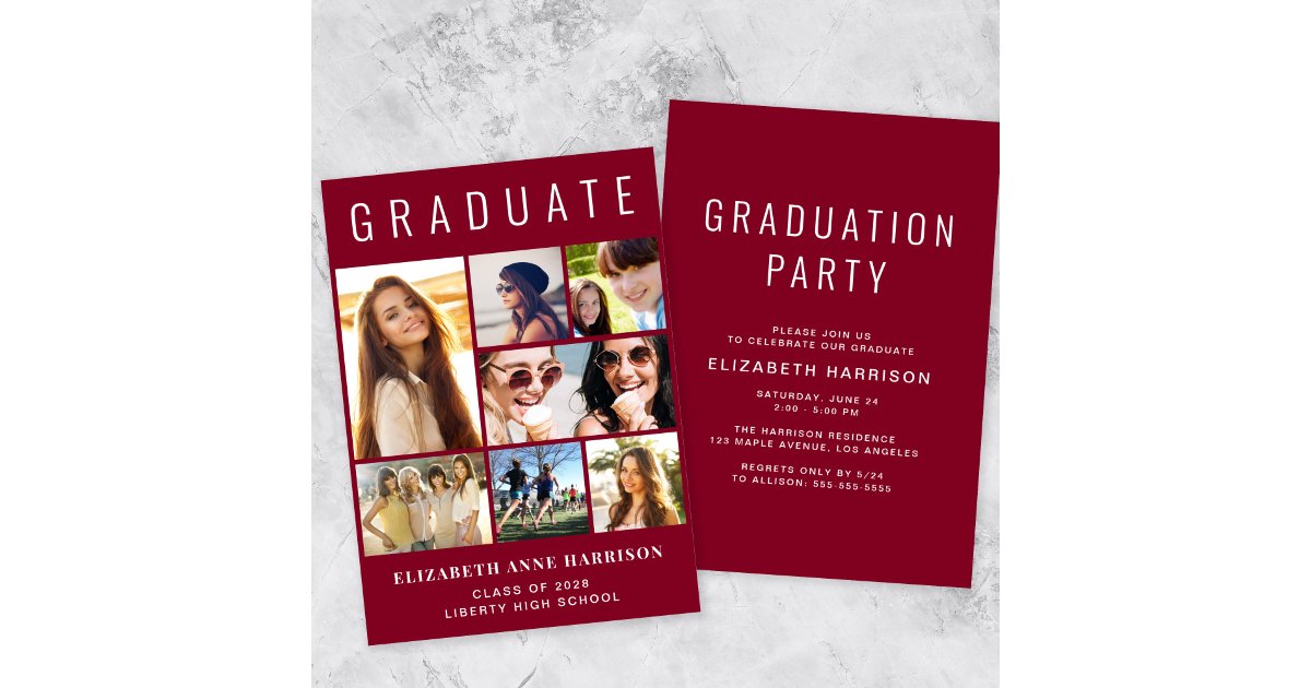 Modern Photo Collage Burgundy Graduation Party Invitation | Zazzle