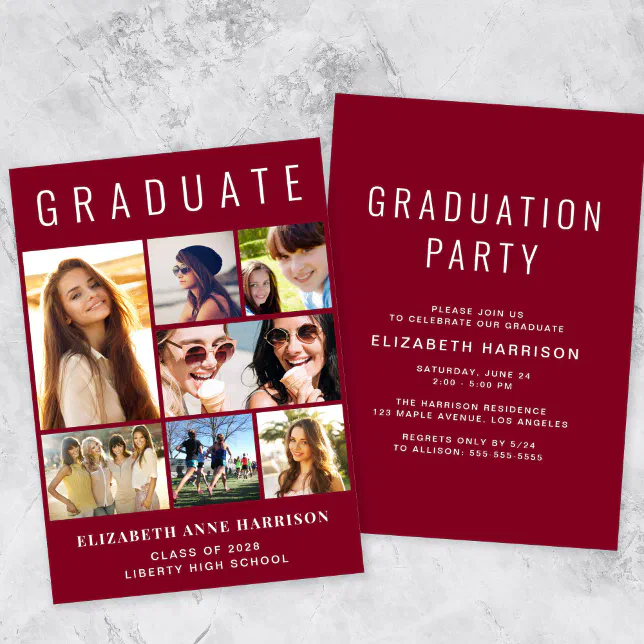 Modern Photo Collage Burgundy Graduation Party Invitation | Zazzle