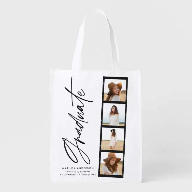 Modern photo collage film script graduation announ grocery bag | Zazzle