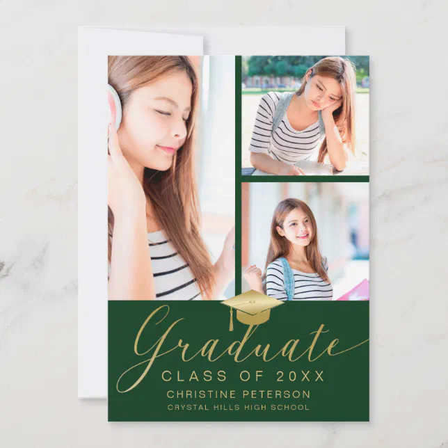 Modern Photo Collage Gold Script Green Graduation Announcement | Zazzle