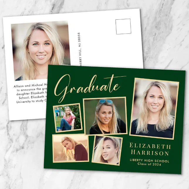 Modern Photo Collage Green Gold Graduation Announcement Postcard | Zazzle