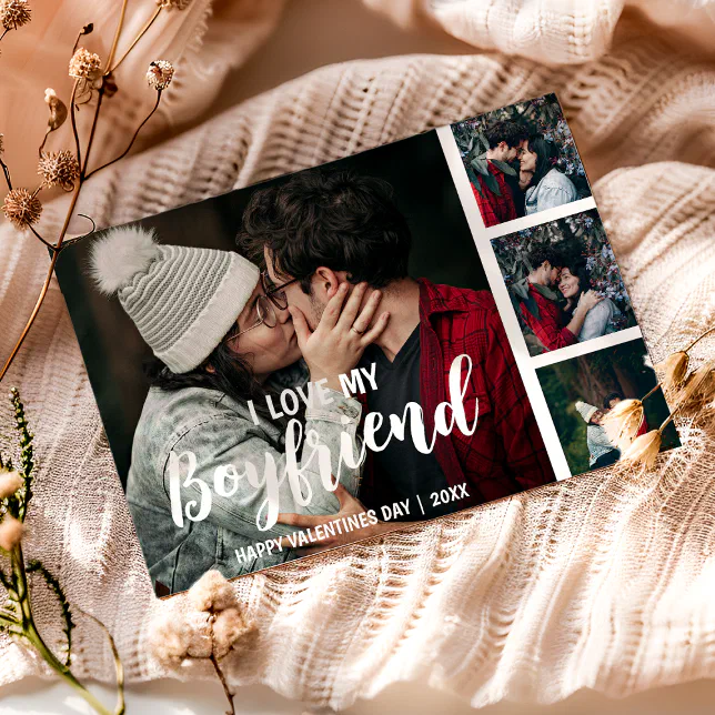 Modern photo collage I love My Boyfriend Holiday Card | Zazzle