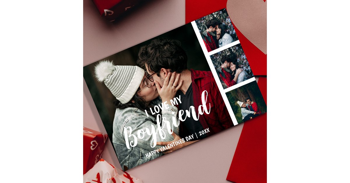 Modern photo collage I love My Boyfriend Holiday Card | Zazzle