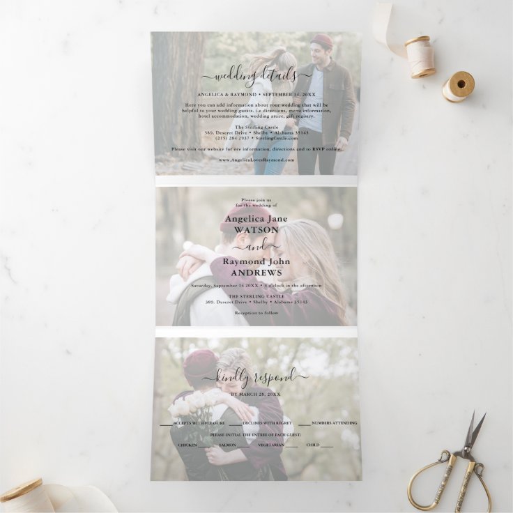 Modern Photo Collage Overlay 3 in 1 Wedding Tri-Fold Invitation | Zazzle