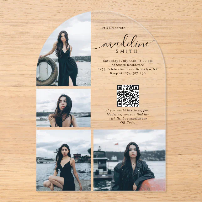 Modern Photo Collage QR code Graduation Party Acrylic Invitations | Zazzle