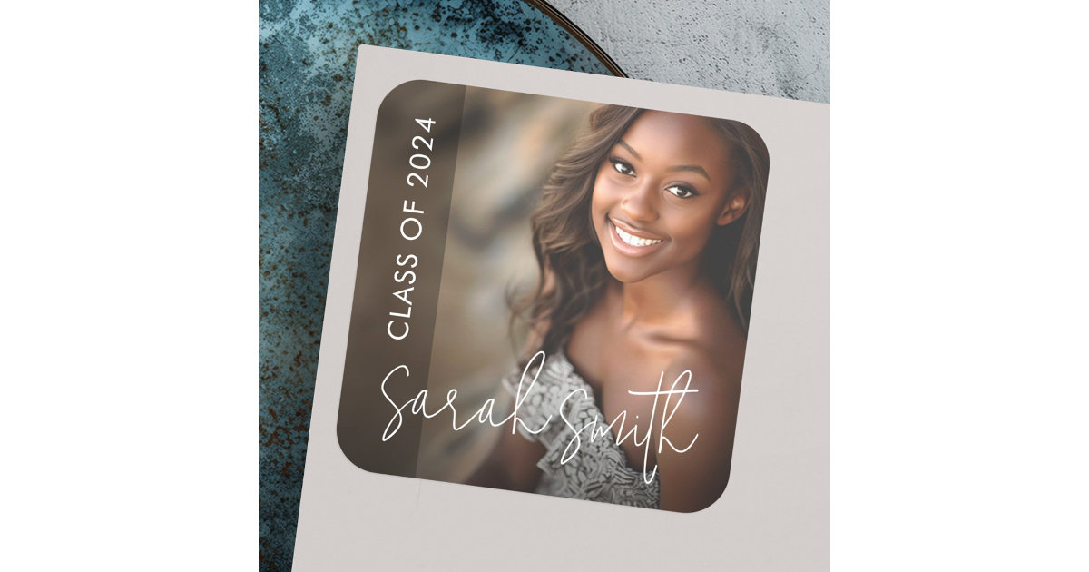 Modern photo dark overlay graduation square sticker | Zazzle