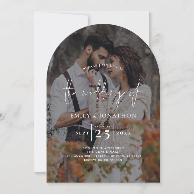 Modern Photo Dark Overlay Script Arch Wedding Invitation | Zazzle