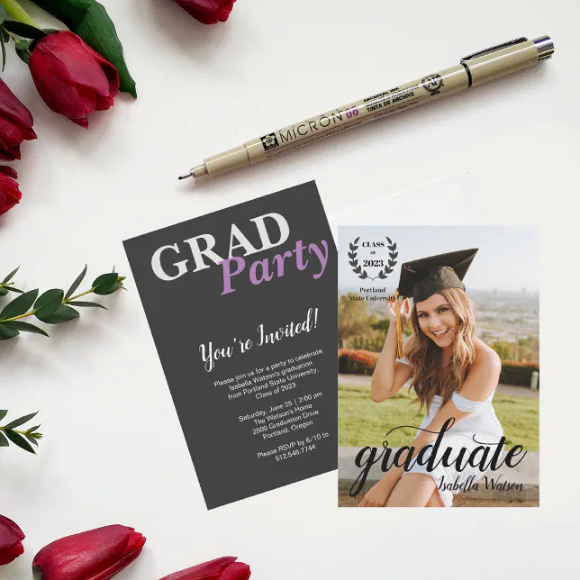 Modern Photo Elegant Script Grad Party Invitation | Zazzle