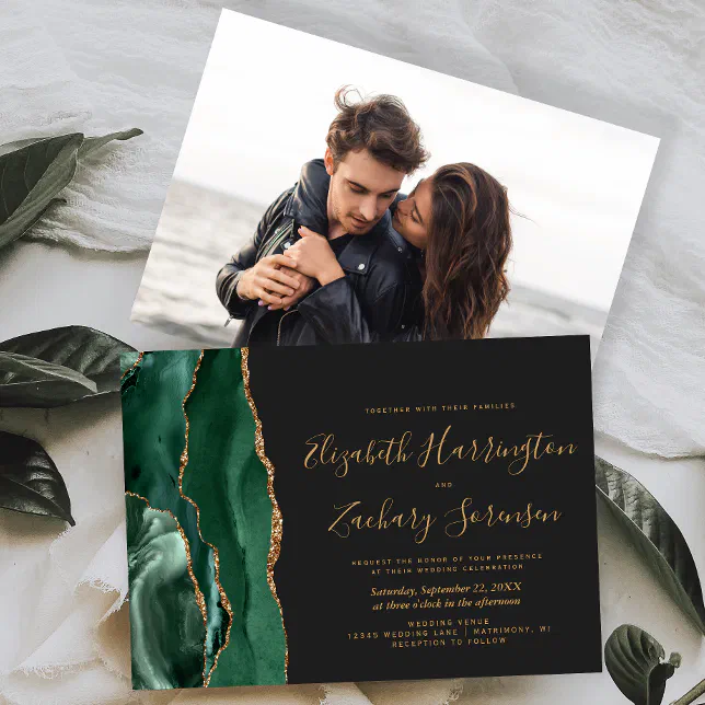 Modern Photo Emerald Green Gold Agate Dark Wedding Invitation | Zazzle