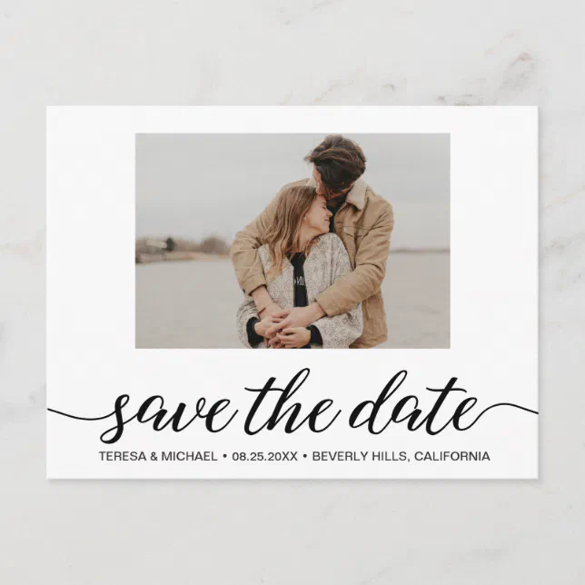 Modern Photo Engagement Save The Date script Postcard | Zazzle