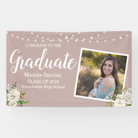 Modern Photo Flowers String Lights Pink Graduation Banner | Zazzle.com