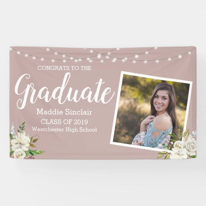 Modern Photo Flowers String Lights Pink Graduation Banner | Zazzle.com