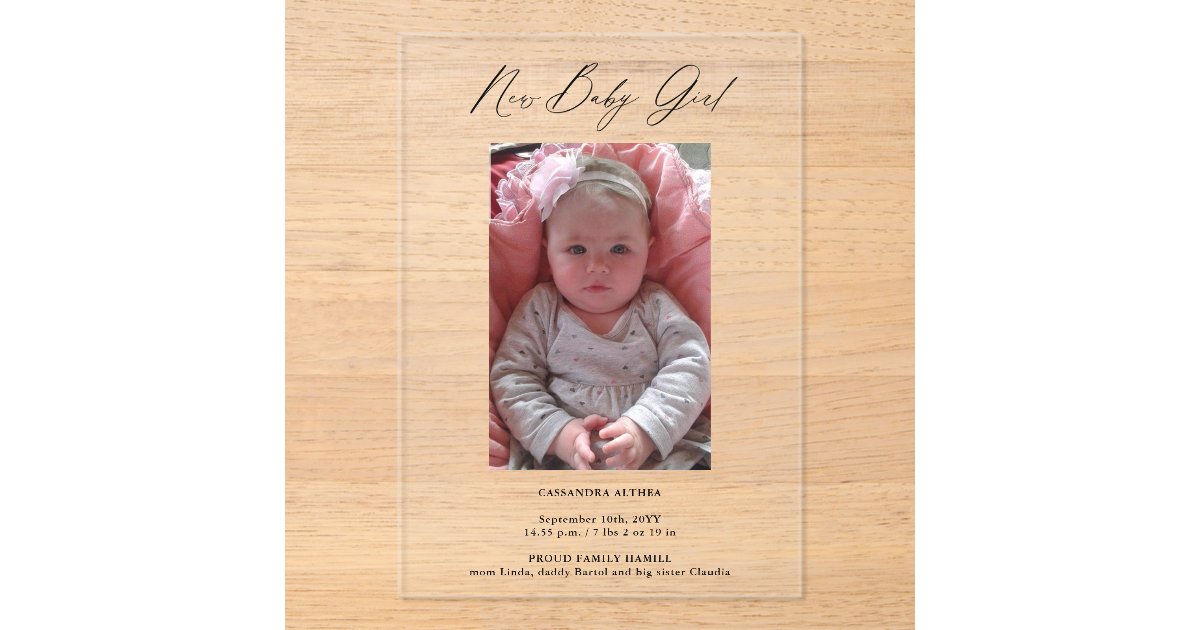 Modern Photo Girl Birth Announcement Acrylic Card | Zazzle