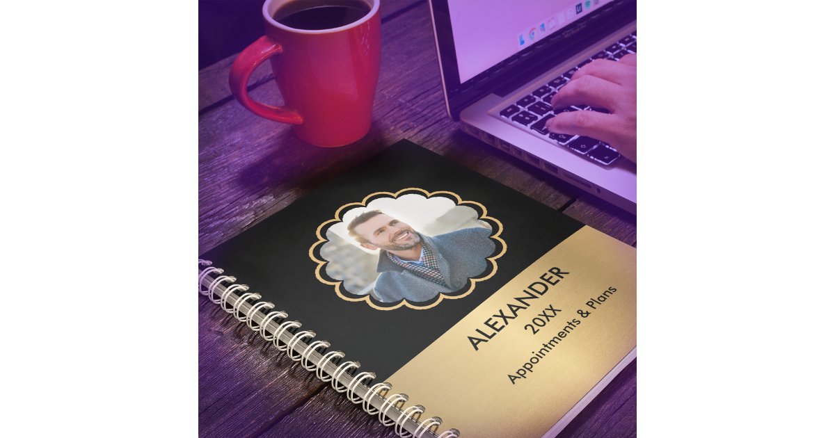 Modern Photo Gold Black Elegant Personalize Planner | Zazzle