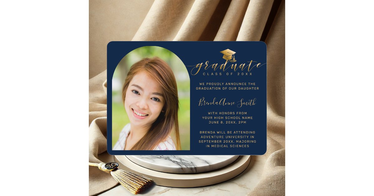 Modern Photo Gold Cap Script on Navy Graduation Announcement | Zazzle
