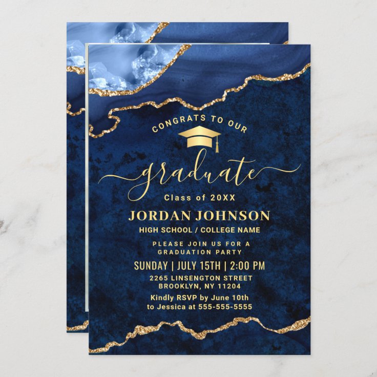 Modern PHOTO Golden Blue Marble Graduation Party Invitation | Zazzle