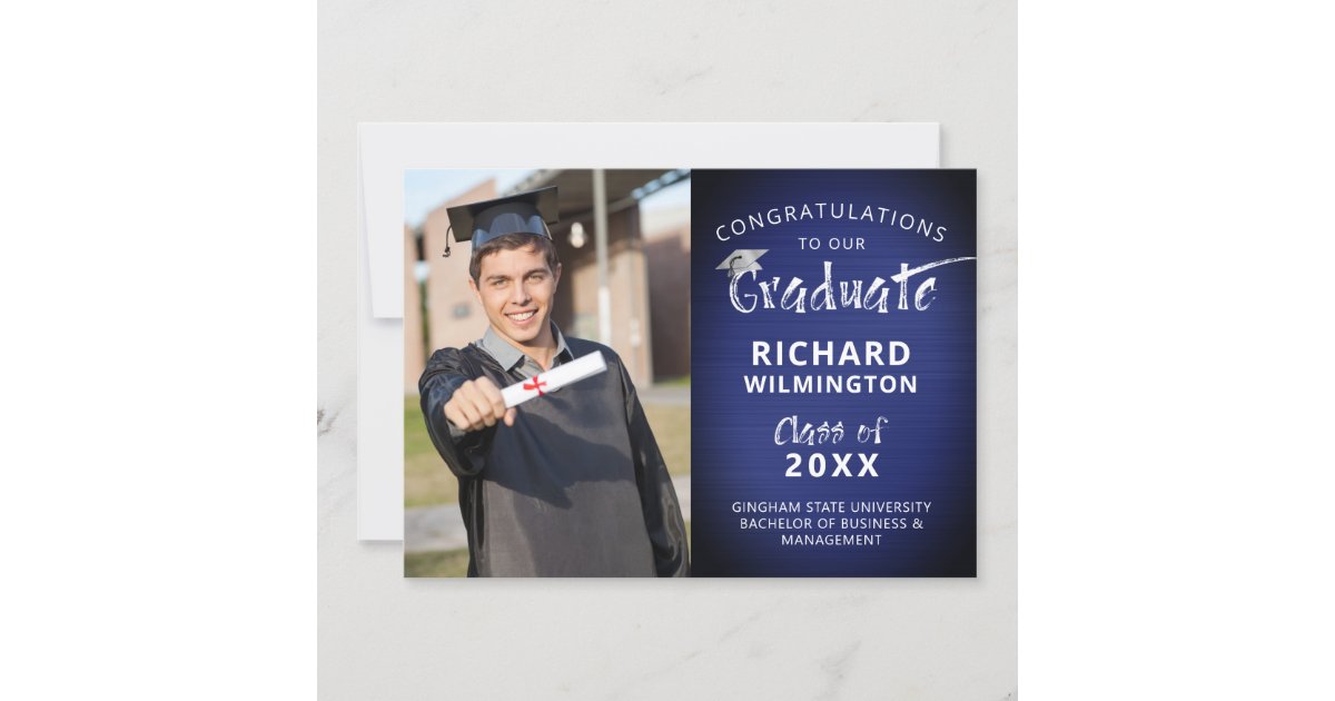 Modern Photo Graduate Metallic Navy Blue Announcement | Zazzle