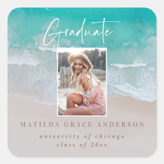 Modern photo graduation ocean beach script square sticker | Zazzle
