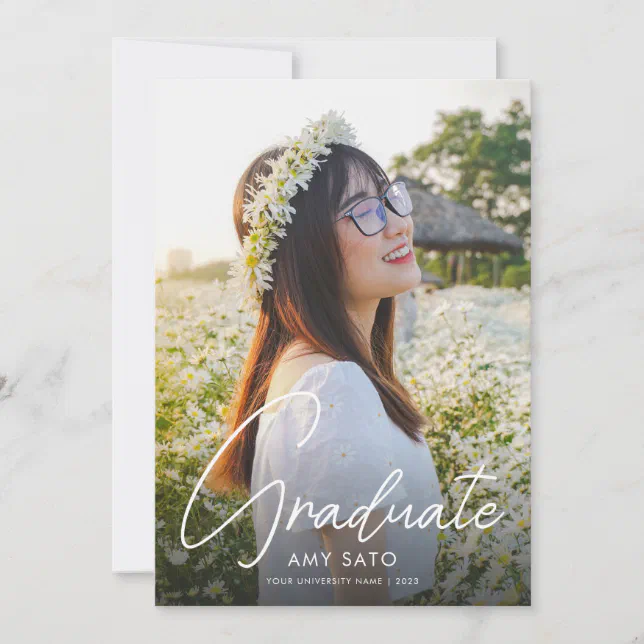 Modern Photo Graduation White Script Invitation | Zazzle