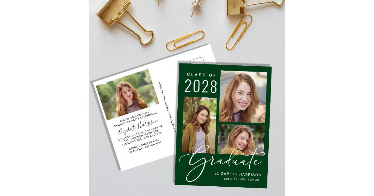 Modern Photo Green Graduation Party Invitation Postcard | Zazzle