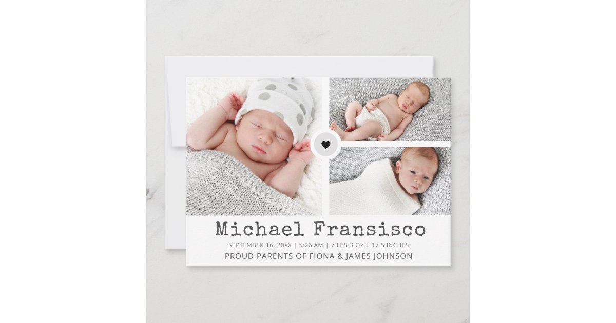 Modern Photo Grid Collage Stats Birth Announcement | Zazzle