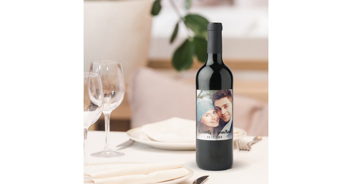 Modern Photo Handwritten Script Custom Wedding Wine Label | Zazzle