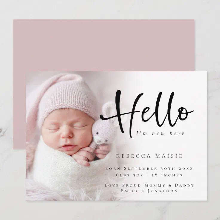 Modern Photo Hello New Baby Girl Pink Birth Annou Announcement | Zazzle