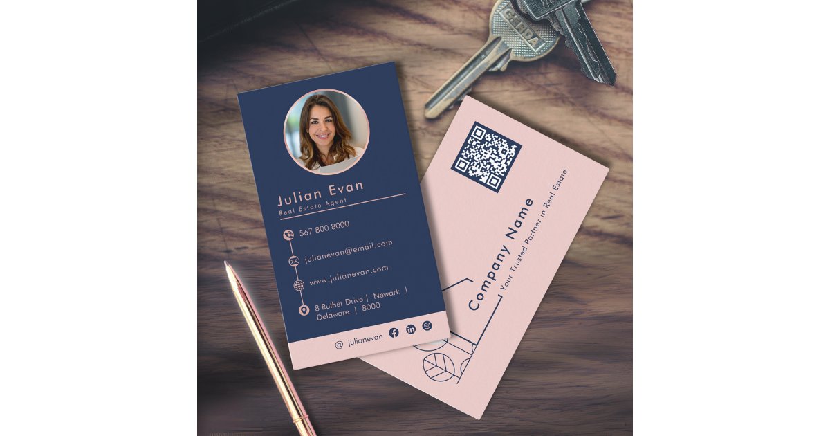 Modern Photo House Logo Blush Navy Blue Realtor Business Card | Zazzle