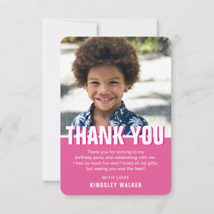 Modern Photo Kids Birthday Thanks | Pink Thank You Card | Zazzle