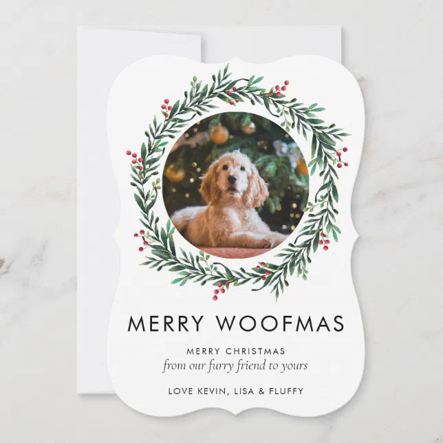 Modern Photo Merry Woofmas Christmas Dog Wreath Holiday Card | Zazzle