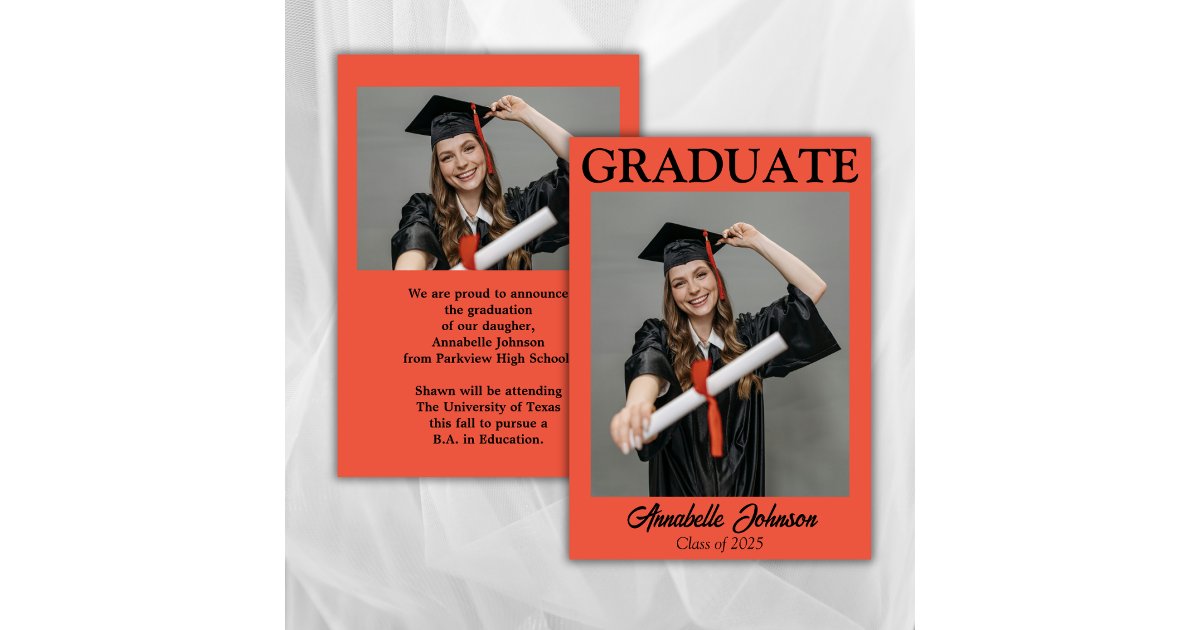 Modern Photo Orange Graduation Announcement | Zazzle