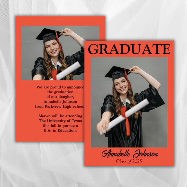 Modern Photo Orange Graduation Announcement | Zazzle