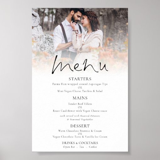 Modern Photo Overlay Elegant Script Wedding Menu Poster | Zazzle