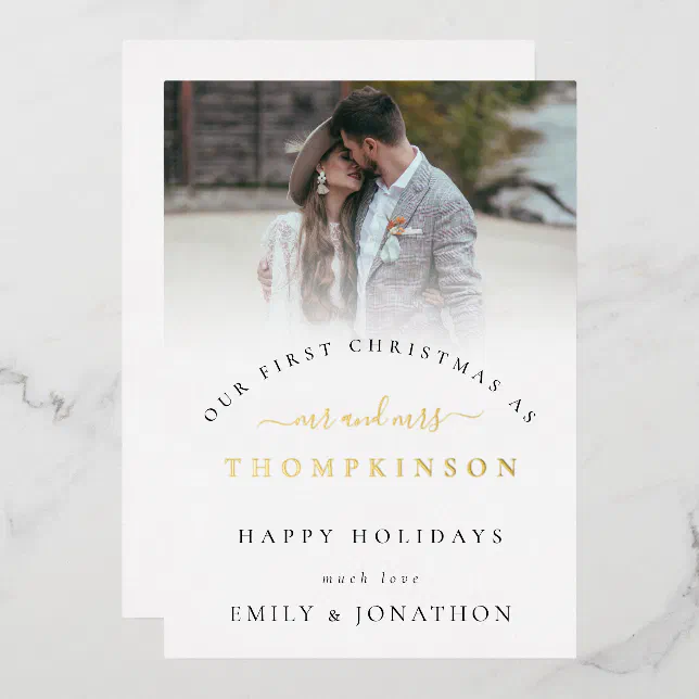 Modern Photo Overlay First Married Christmas Foil Holiday Card | Zazzle