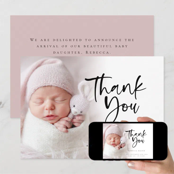 Modern Photo Overlay Girl Thank You Birth Announcement | Zazzle