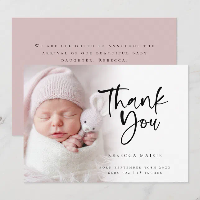 Modern Photo Overlay Girl Thank You Birth Announcement | Zazzle