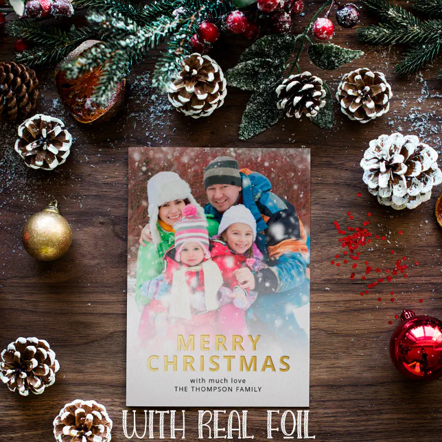 Modern Photo Overlay Merry Christmas Foil Holiday Card | Zazzle