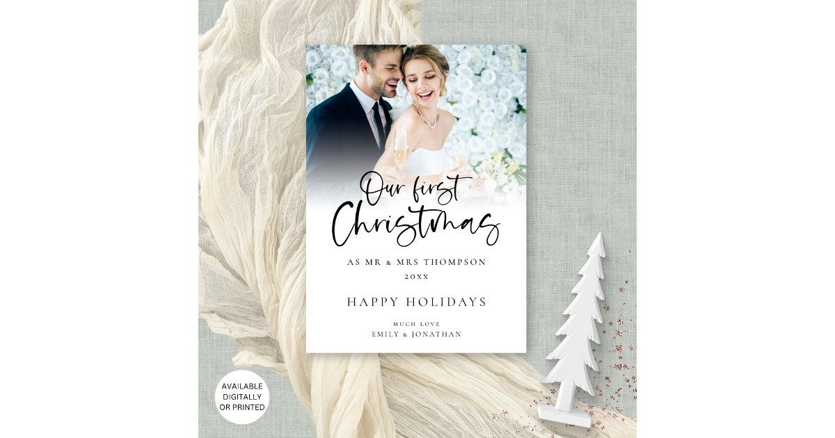 Modern Photo Overlay Our First Christmas Mr Mrs Holiday Card | Zazzle