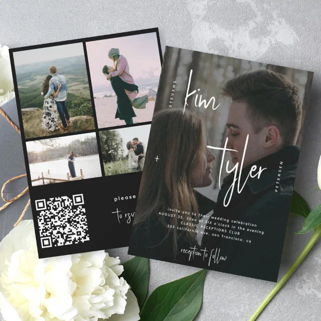 Modern photo overlay QR CODE script names wedding Invitation | Zazzle